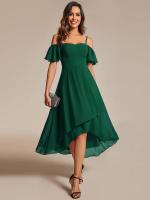 China Empire Off-shoulder Spaghetti Strap Zipper High-low Wedding Guest Short Sleeves Dark Green Chiffon Homecoming Dress for sale