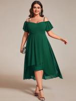 China Empire Off-shoulder Spaghetti Strap Zipper High-low Wedding Guest Short Sleeves Dark Green Chiffon Homecoming Dress for sale