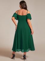 China Empire Off-shoulder Spaghetti Strap Zipper High-low Wedding Guest Short Sleeves Dark Green Chiffon Homecoming Dress for sale