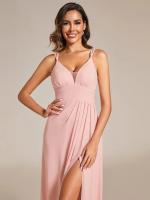 China Empire Zipper A-line High Slit Pleated Adjustable Straps V-neck Pink Chiffon Bridesmaid Dress for sale