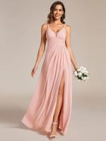 China Empire Zipper A-line High Slit Pleated Adjustable Straps V-neck Pink Chiffon Bridesmaid Dress for sale