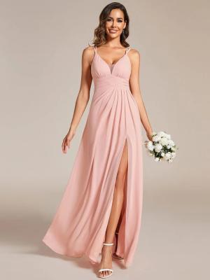 China Empire Zipper A-line High Slit Pleated Adjustable Straps V-neck Pink Chiffon Bridesmaid Dress for sale
