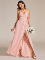 China Empire Zipper A-line High Slit Pleated Adjustable Straps V-neck Pink Chiffon Bridesmaid Dress for sale
