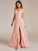 China Empire Zipper A-line High Slit Pleated Adjustable Straps V-neck Burgundy Chiffon Evening Dress for sale