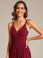 China Empire Zipper A-line High Slit Pleated Adjustable Straps V-neck Burgundy Chiffon Evening Dress for sale