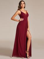 China Empire Zipper A-line High Slit Pleated Adjustable Straps V-neck Burgundy Chiffon Evening Dress for sale
