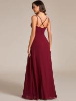 China Empire Zipper A-line High Slit Pleated Adjustable Straps V-neck Burgundy Chiffon Evening Dress for sale