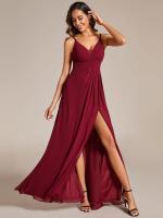 China Empire Zipper A-line High Slit Pleated Adjustable Straps V-neck Burgundy Chiffon Evening Dress for sale