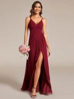 China Empire Zipper A-line High Slit Pleated Adjustable Straps V-neck Burgundy Chiffon Evening Dress for sale