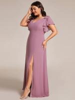 China Empire Plus Size Zipper V-neck High Split A-line Short Sleeve Purple Orchid Chiffon Bridesmaid Dress With Ribbon Bow for sale