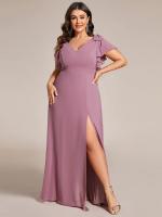 China Empire Plus Size Zipper V-neck High Split A-line Short Sleeve Purple Orchid Chiffon Bridesmaid Dress With Ribbon Bow for sale