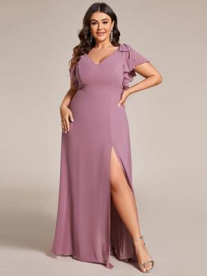 China Empire Plus Size Zipper V-neck High Split A-line Short Sleeve Purple Orchid Chiffon Bridesmaid Dress With Ribbon Bow for sale