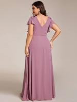 China Empire Plus Size Zipper V-neck High Split A-line Short Sleeve Purple Orchid Chiffon Bridesmaid Dress With Ribbon Bow for sale