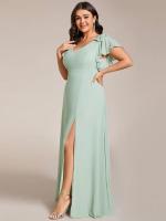 China Empire Plus Size Zipper V-neck High Split A-line Short Sleeve Mint Green Chiffon Evening Dress for sale