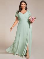 China Empire Plus Size Zipper V-neck High Split A-line Short Sleeve Mint Green Chiffon Evening Dress for sale