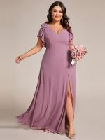 China Empire Plus Size Zipper V-neck High Split A-line Short Sleeve Burgundy Chiffon Prom Dress for sale
