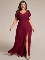 China Empire Plus Size Zipper V-neck High Split A-line Short Sleeve Burgundy Chiffon Prom Dress for sale
