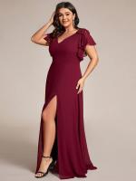 China Empire Plus Size Zipper V-neck High Split A-line Short Sleeve Burgundy Chiffon Prom Dress for sale
