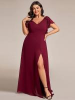 China Empire Plus Size Zipper V-neck High Split A-line Short Sleeve Burgundy Chiffon Prom Dress for sale