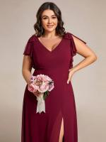 China Empire Plus Size Zipper V-neck High Split A-line Short Sleeve Burgundy Chiffon Prom Dress for sale