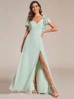 China Empire Plus Size V-neck High Split A-line Short Sleeve Zipper Mint Green Chiffon Bridesmaid Dress for sale