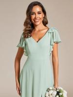 China Empire Plus Size V-neck High Split A-line Short Sleeve Zipper Mint Green Chiffon Bridesmaid Dress for sale