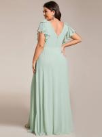 China Empire Plus Size V-neck High Split A-line Short Sleeve Zipper Mint Green Chiffon Bridesmaid Dress for sale
