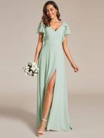 China Empire Plus Size V-neck High Split A-line Short Sleeve Zipper Mint Green Chiffon Bridesmaid Dress for sale