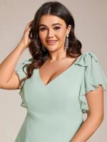 China Empire Plus Size V-neck High Split A-line Short Sleeve Zipper Mint Green Chiffon Bridesmaid Dress for sale