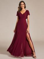 China Empire Plus Size V-neck High Split A-line Short Sleeve Zipper Purple Orchid Chiffon Evening Dress for sale