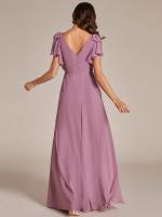 China Empire Plus Size V-neck High Split A-line Short Sleeve Zipper Purple Orchid Chiffon Evening Dress for sale