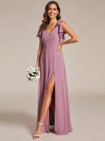 China Empire Plus Size V-neck High Split A-line Short Sleeve Zipper Purple Orchid Chiffon Evening Dress for sale