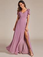 China Empire Plus Size V-neck High Split A-line Short Sleeve Zipper Purple Orchid Chiffon Evening Dress for sale