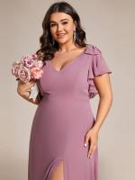 China Empire Plus Size V-neck High Split A-line Short Sleeve Zipper Purple Orchid Chiffon Evening Dress for sale