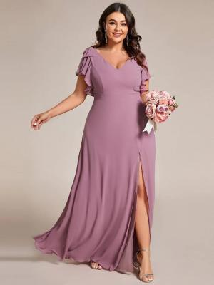 China Empire Plus Size V-neck High Split A-line Short Sleeve Zipper Purple Orchid Chiffon Evening Dress for sale