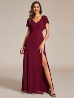 China Empire Plus Size V-neck High Split A-line Short Sleeve Zipper Burgundy Chiffon Prom Dress for sale