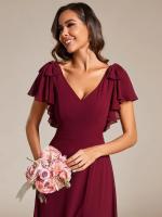 China Empire Plus Size V-neck High Split A-line Short Sleeve Zipper Burgundy Chiffon Prom Dress for sale