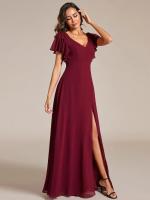 China Empire Plus Size V-neck High Split A-line Short Sleeve Zipper Burgundy Chiffon Prom Dress for sale