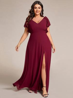 China Empire Plus Size V-neck High Split A-line Short Sleeve Zipper Burgundy Chiffon Prom Dress for sale