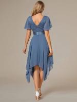 China Asymmetrical Hem V-neck Empire Waist A-line Short Sleeves Knee-length Dusty Navy Lace Chiffon Bridesmaid Dress for sale