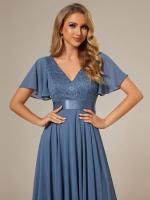 China Asymmetrical Hem V-neck Empire Waist A-line Short Sleeves Knee-length Dusty Navy Lace Chiffon Bridesmaid Dress for sale