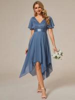 China Asymmetrical Hem V-neck Empire Waist A-line Short Sleeves Knee-length Dusty Navy Lace Chiffon Bridesmaid Dress for sale