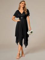 China Asymmetrical Hem V-neck Empire Waist A-line Short Sleeves Knee-length Black Lace Chiffon Evening Dress for sale