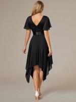 China Asymmetrical Hem V-neck Empire Waist A-line Short Sleeves Knee-length Black Lace Chiffon Evening Dress for sale