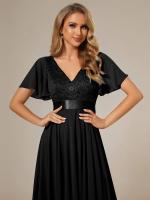 China Asymmetrical Hem V-neck Empire Waist A-line Short Sleeves Knee-length Black Lace Chiffon Evening Dress for sale