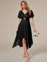 China Asymmetrical Hem V-neck Empire Waist A-line Short Sleeves Knee-length Black Lace Chiffon Evening Dress for sale