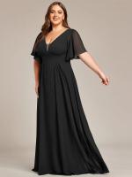 China Simple V-neck Zipper Short Sleeves Empire Waist A-line Maxi Ruffled Dark Green Chiffon Bridesmaid Dress for sale