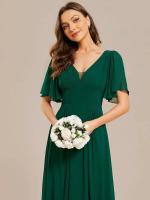 China Simple V-neck Zipper Short Sleeves Empire Waist A-line Maxi Ruffled Dark Green Chiffon Bridesmaid Dress for sale
