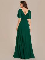 China Simple V-neck Zipper Short Sleeves Empire Waist A-line Maxi Ruffled Dark Green Chiffon Bridesmaid Dress for sale