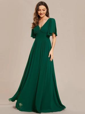 China Simple V-neck Zipper Short Sleeves Empire Waist A-line Maxi Ruffled Dark Green Chiffon Bridesmaid Dress for sale